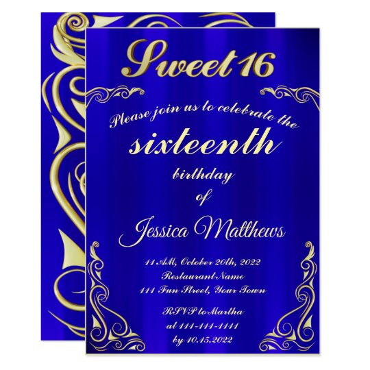 Elegant Blue and Gold Typography Sweet 16 Invitation | Zazzle.com