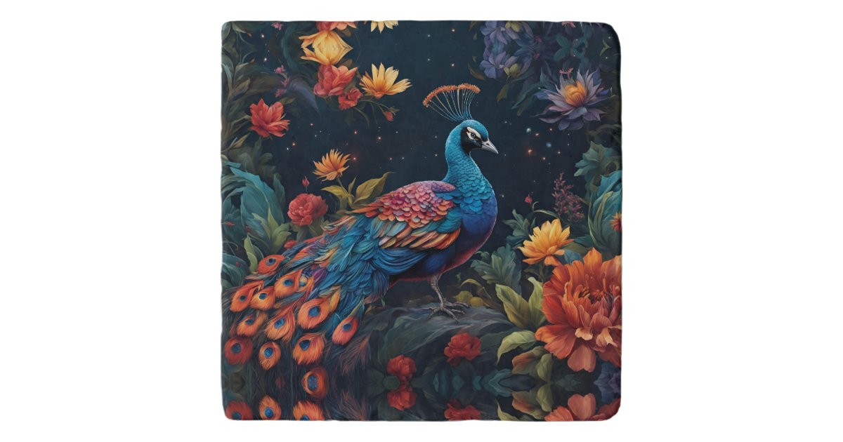 Elegant Blue and range Peacock Star Filled Garden Trivet | Zazzle