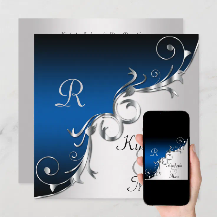 Elegant Blue and Silver Wedding Invitation | Zazzle