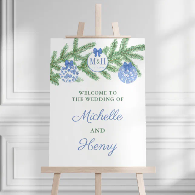 Elegant Blue And White Christmas Wedding Welcome Foam Board | Zazzle