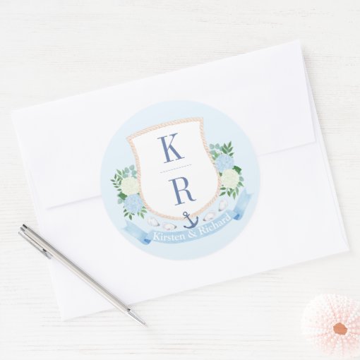 Elegant Blue And White Coastal Monogram Wedding Classic Round Sticker ...