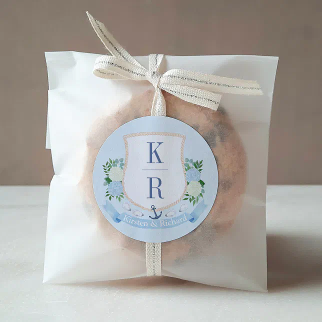 Elegant Blue And White Coastal Monogram Wedding Classic Round Sticker ...