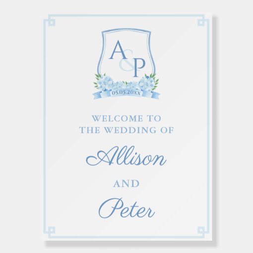Elegant Blue And White Crest Wedding Welcome Sign | Zazzle