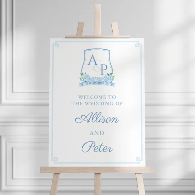 Elegant Blue And White Crest Wedding Welcome Sign | Zazzle
