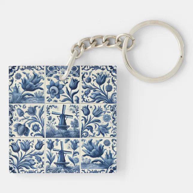 Elegant Blue and White Delft Tile Keychain | Zazzle