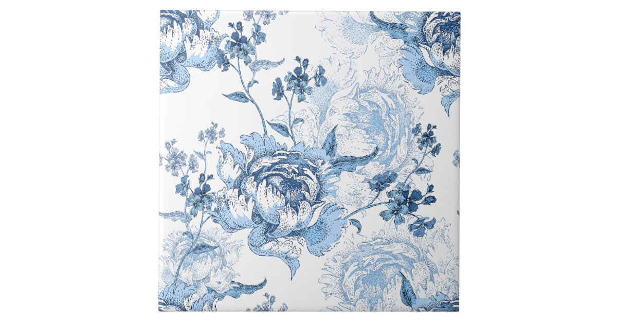 Elegant Blue and White Engraved Peonies Ceramic Tile | Zazzle