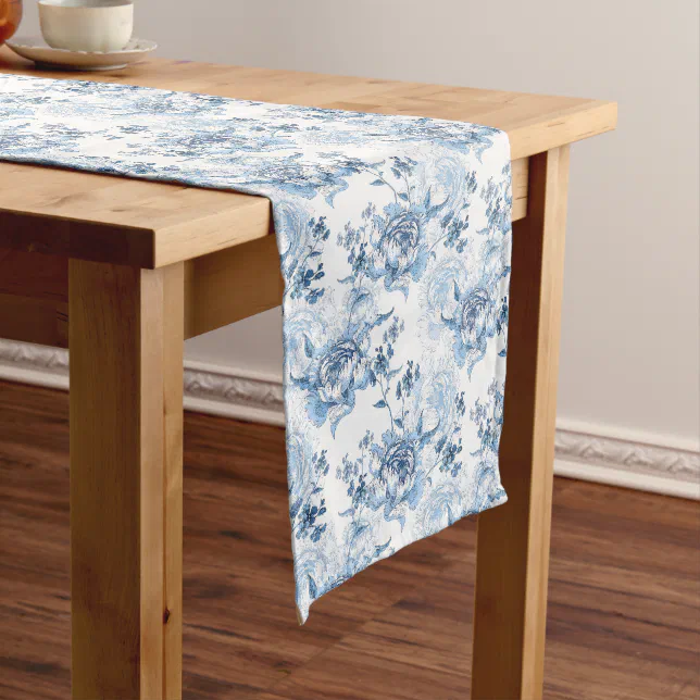 Elegant Blue and White Engraved Peonies Long Table Runner | Zazzle