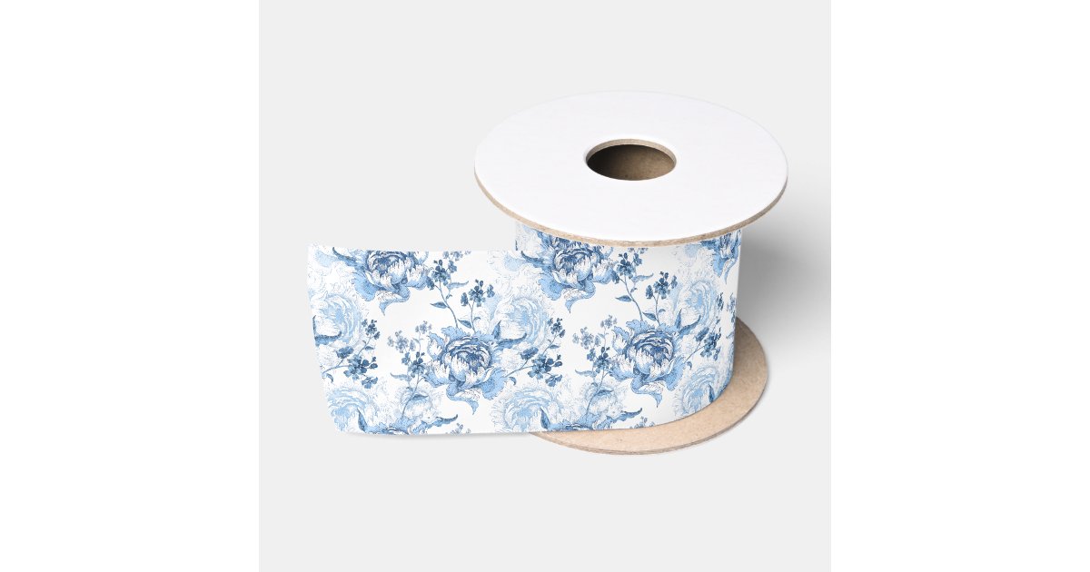 Elegant Blue and White Engraved Peonies Satin Ribbon | Zazzle