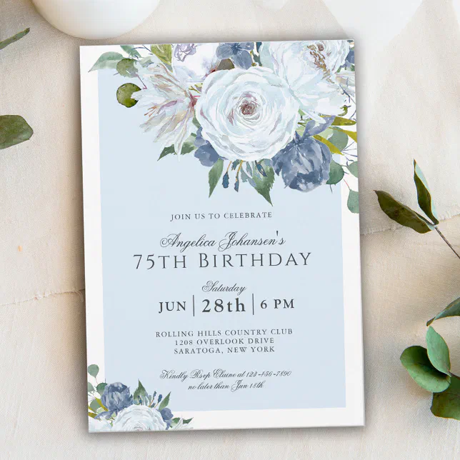 Elegant Blue and White Floral 75th Birthday Party Invitation | Zazzle