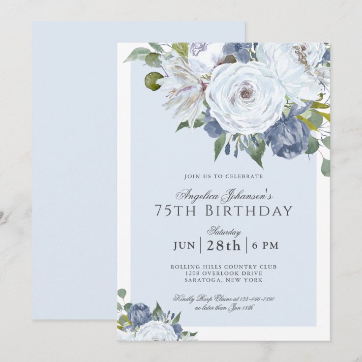 Elegant Blue and White Floral 75th Birthday Party Invitation | Zazzle