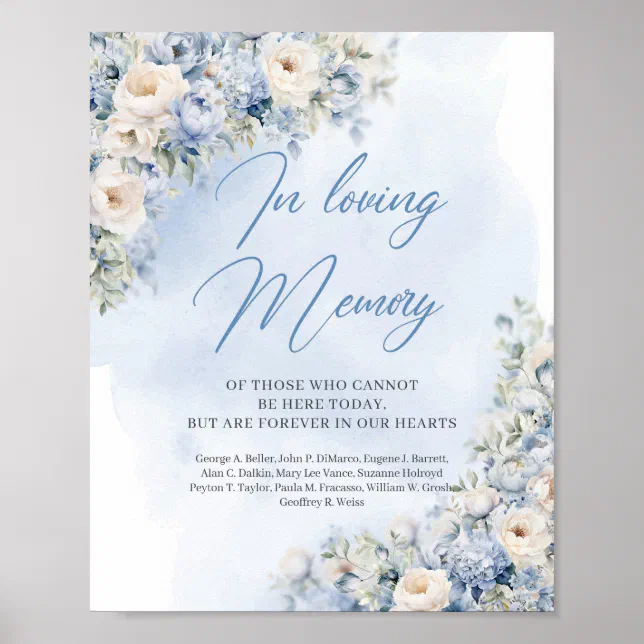 Elegant Blue and white floral In loving memory Poster | Zazzle