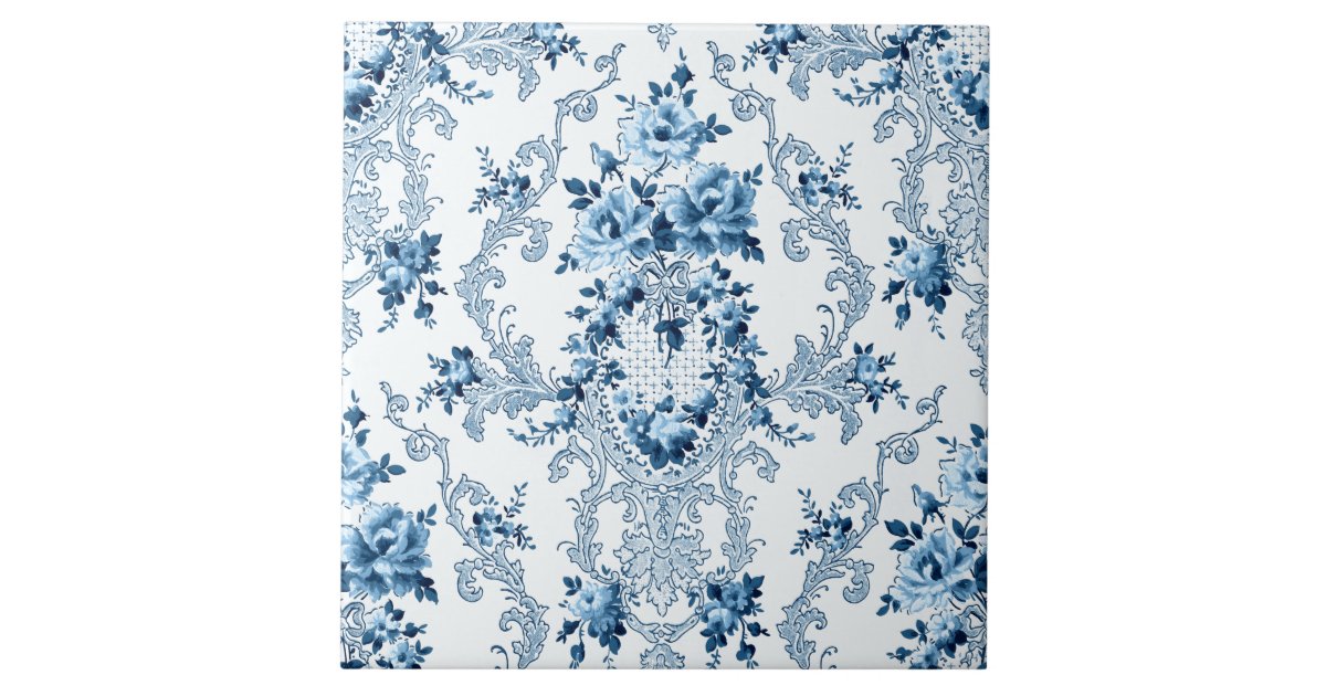 Elegant Blue and White French Rococo Floral Ceramic Tile | Zazzle
