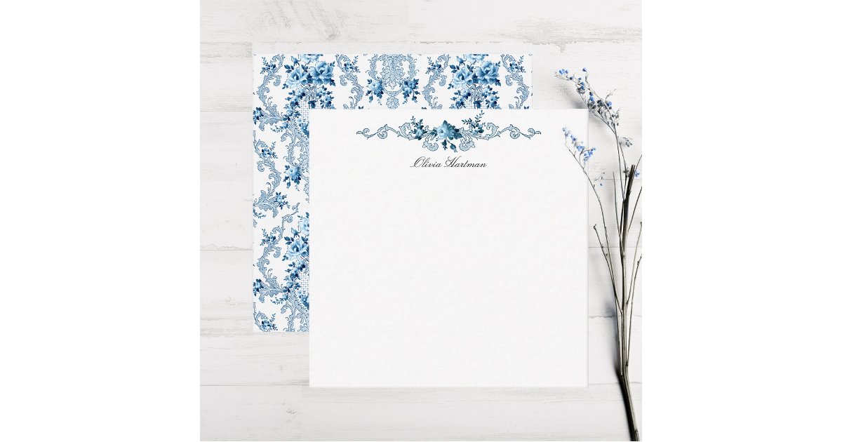 Elegant Blue and White French Rococo Floral Note Card | Zazzle
