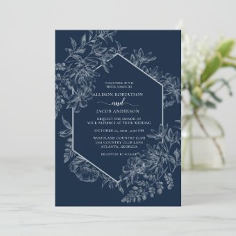 Elegant Blue and White Geometric Floral Wedding Invitation | Zazzle