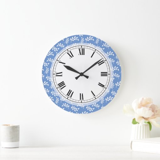 Elegant Blue and White Leaves Spring Nature Lover Large Clock | Zazzle