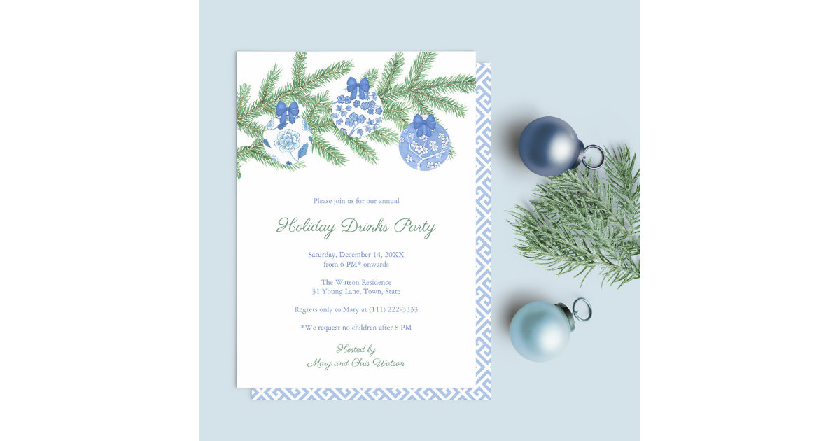 Elegant Blue And White Ornaments Holidays Party Invitation | Zazzle