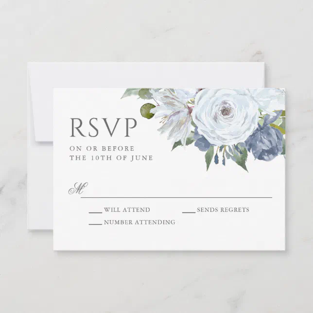 Elegant Blue and White Watercolor Floral RSVP | Zazzle