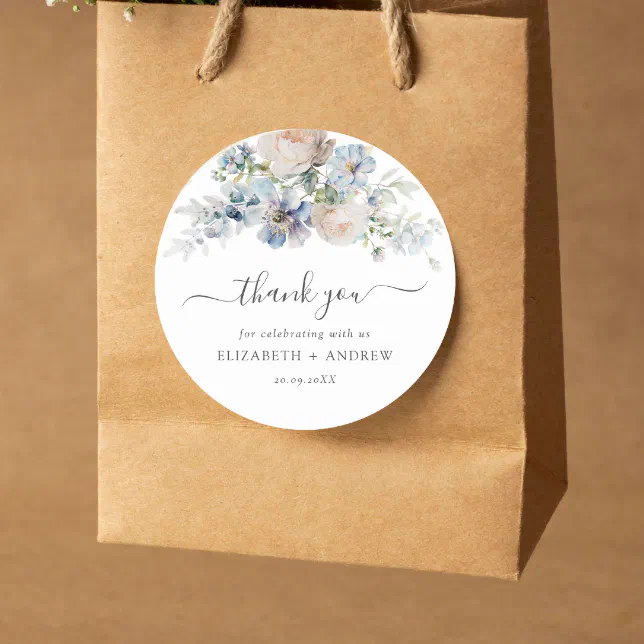 Elegant Blue and White Wedding Classic Round Sticker | Zazzle