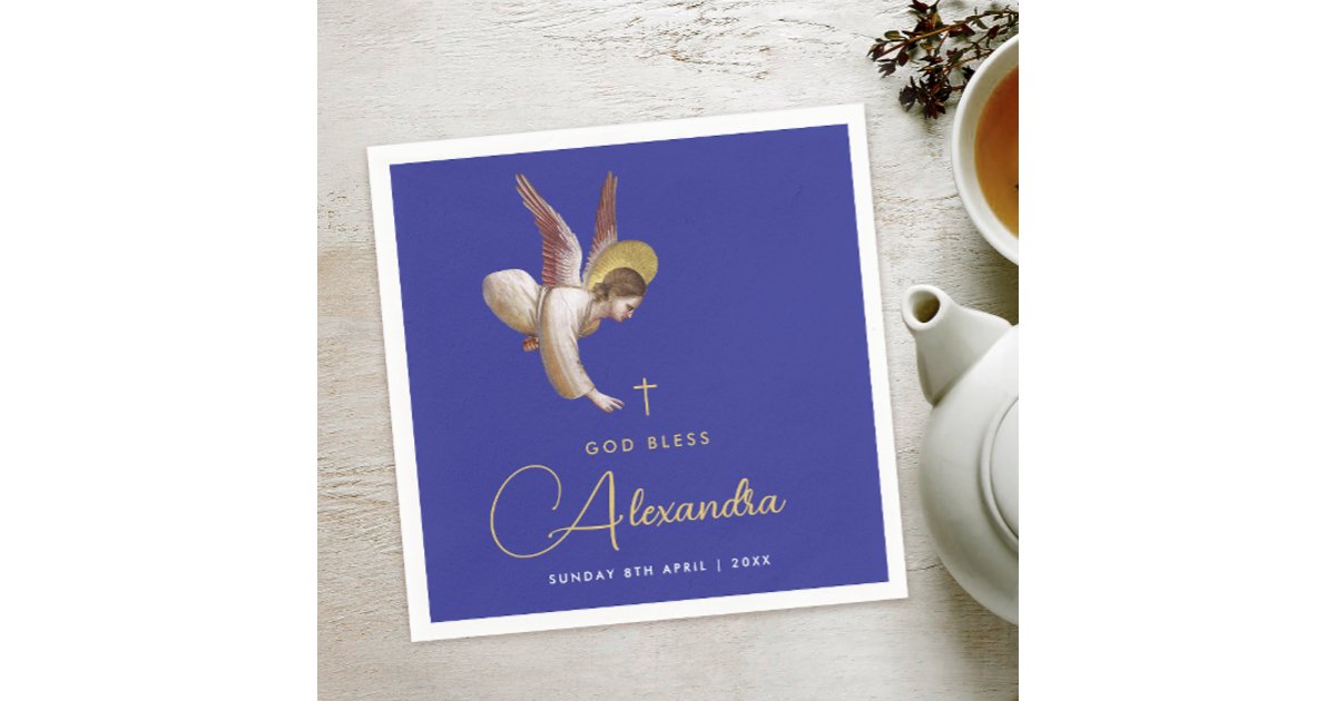 Elegant Blue Angel Bless Baptism Gold Calligraphy Napkins | Zazzle