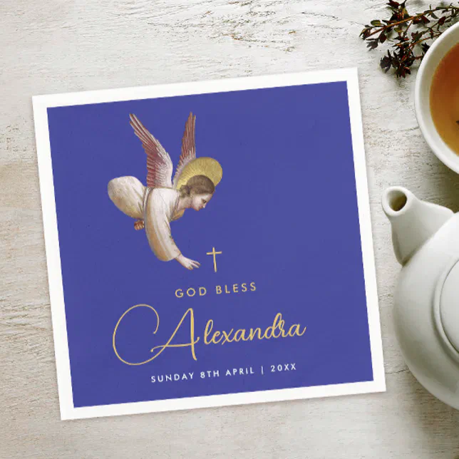 Elegant Blue Angel Bless Baptism Gold Calligraphy Napkins | Zazzle