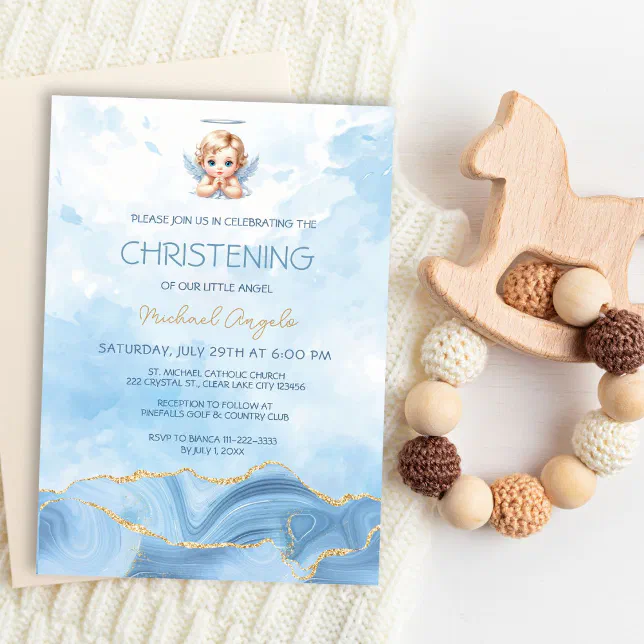 Elegant Blue Angel Boy Baptism Christening Invitation | Zazzle