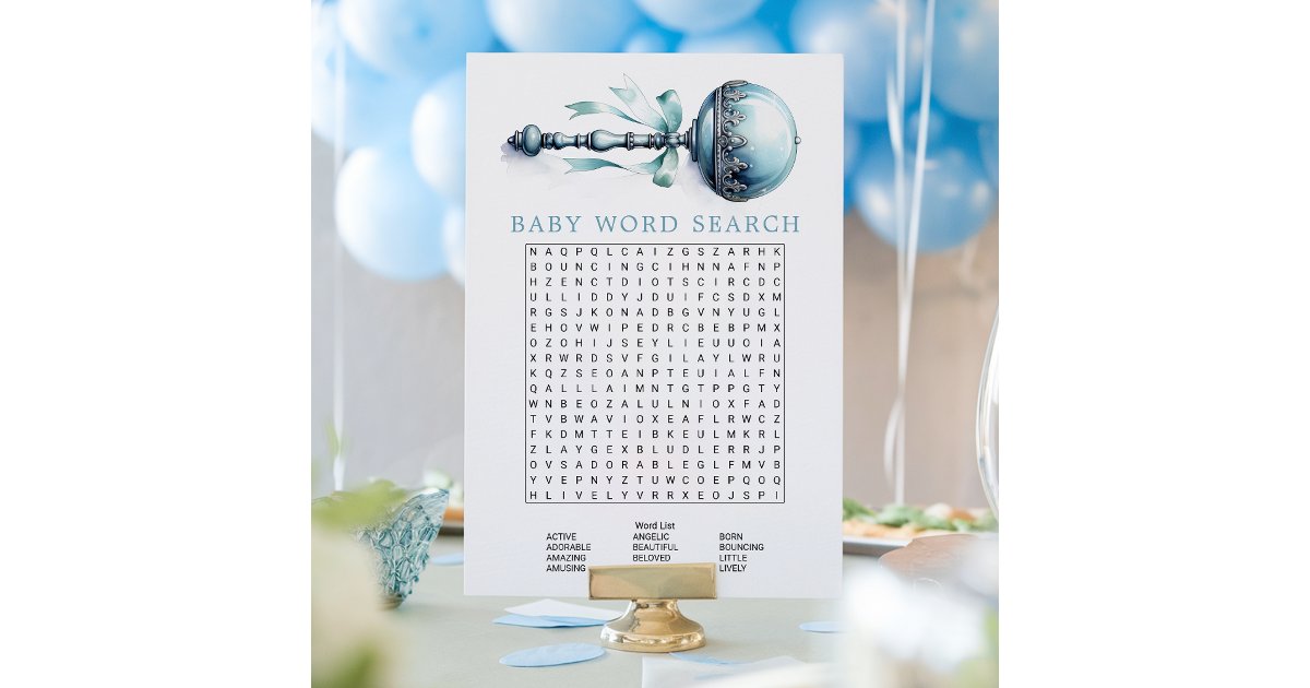 Elegant Blue Baby Rattle Boy Baby Word Search Card | Zazzle