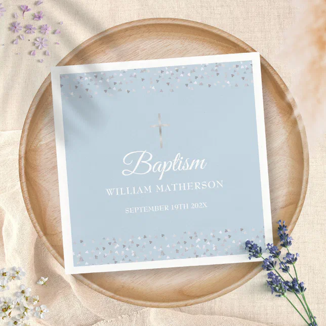 Elegant Blue Baptism Christening Silver Hearts Napkins | Zazzle