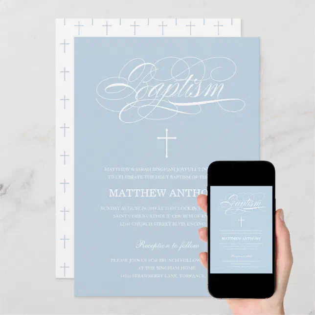 Elegant Blue Baptism Invitation | Christening | Zazzle