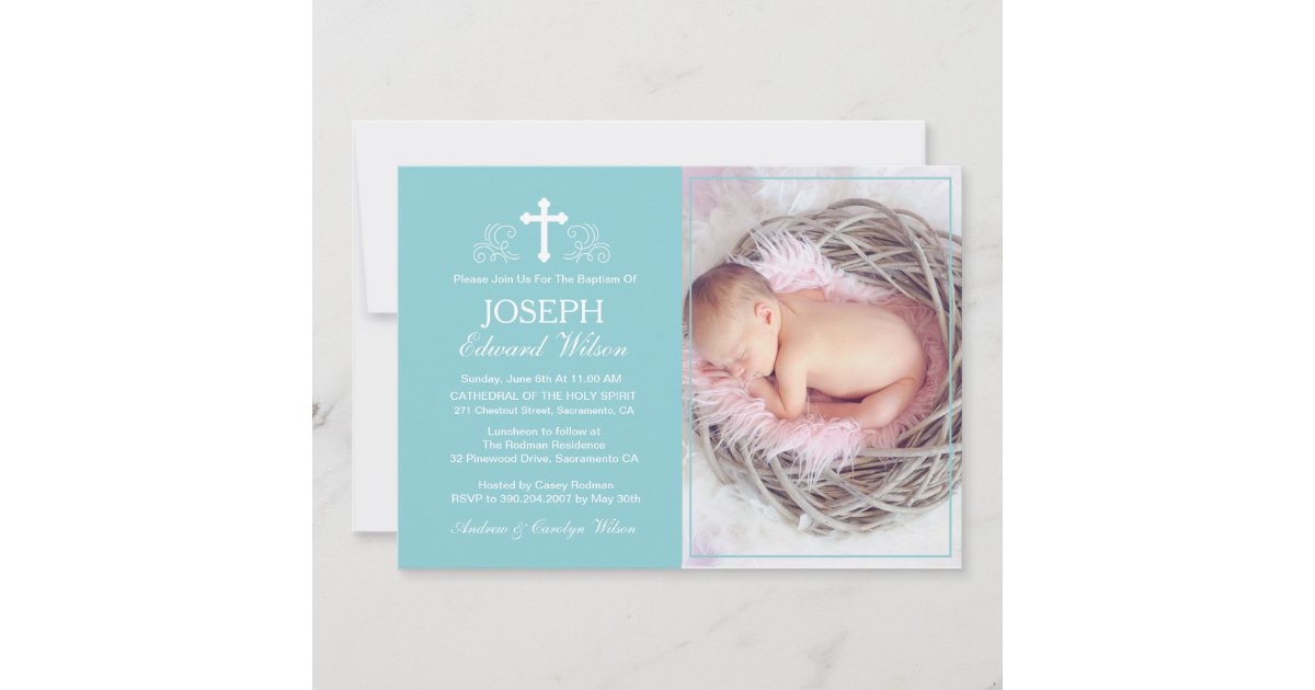 Elegant Blue Baptism Photo Invitation Card | Zazzle