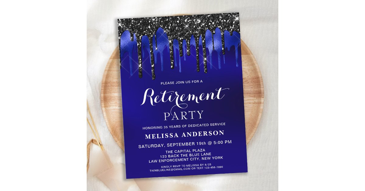 Elegant Blue Black Glitter Drips Retirement Party Invitation Postcard ...