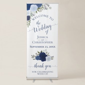 Elegant Blue Boho Roses Wedding Welcome Retractable Banner | Zazzle