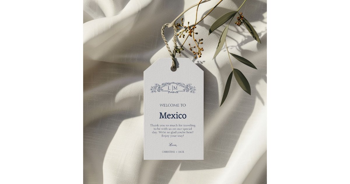 Elegant Blue botanical crest monogram wedding Gift Tags | Zazzle
