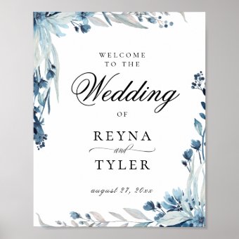 Elegant Blue Botanical Floral Wedding Welcome Poster | Zazzle