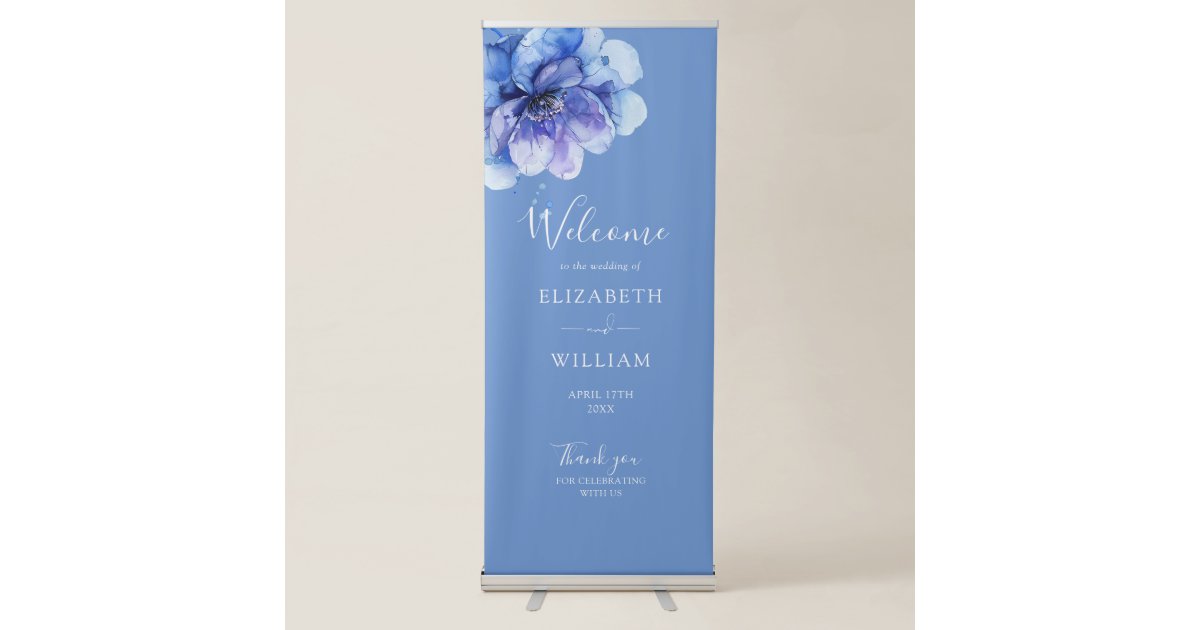 Elegant Blue Botanical Floral Wedding Welcome Retractable Banner | Zazzle