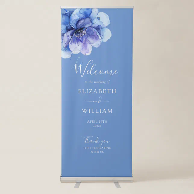 Elegant Blue Botanical Floral Wedding Welcome Retractable Banner | Zazzle