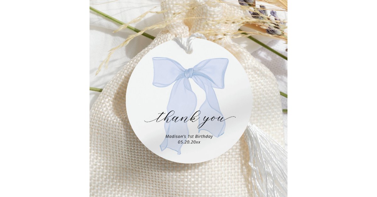 Elegant Blue Bow Birthday Thank you Favor Tags | Zazzle