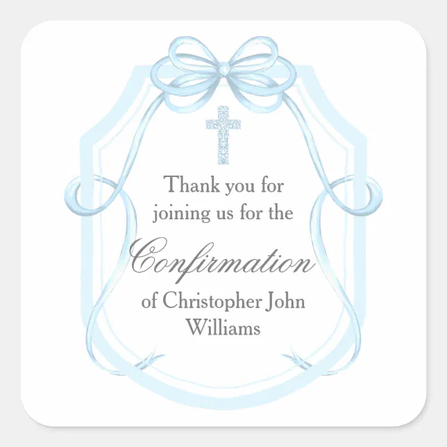 Elegant Blue Bow Ribbon Confirmation Party Square Sticker | Zazzle