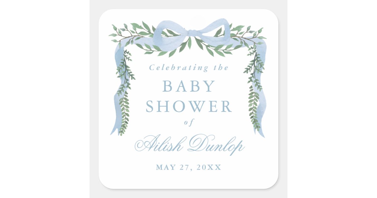 Elegant Blue Bow with Greenery Boy Baby Shower Square Sticker | Zazzle