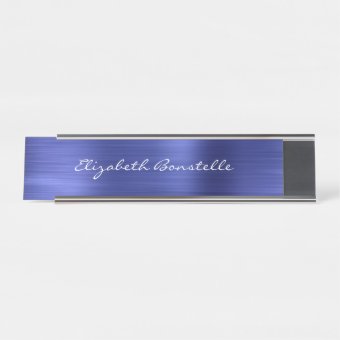 Elegant Blue Brushed Metal Handwriting Desk Name Plate | Zazzle