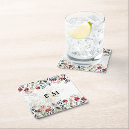 Elegant Blue Burgundy Floral Wedding MONOGRAMMED Square Paper Coaster ...