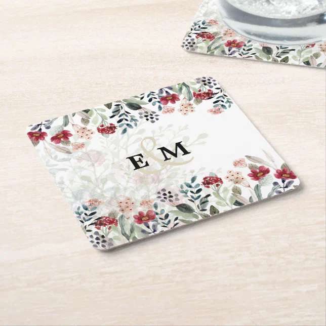 Elegant Blue Burgundy Floral Wedding MONOGRAMMED Square Paper Coaster ...
