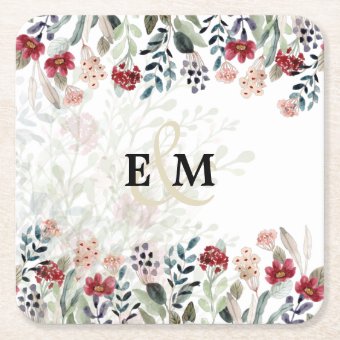 Elegant Blue Burgundy Floral Wedding MONOGRAMMED Square Paper Coaster ...