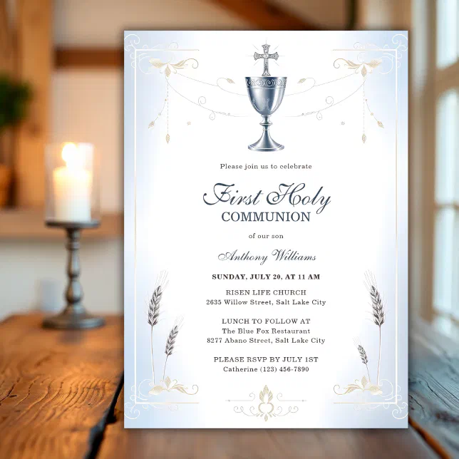 Elegant Blue Catholic Boy First Holy Communion Invitation | Zazzle