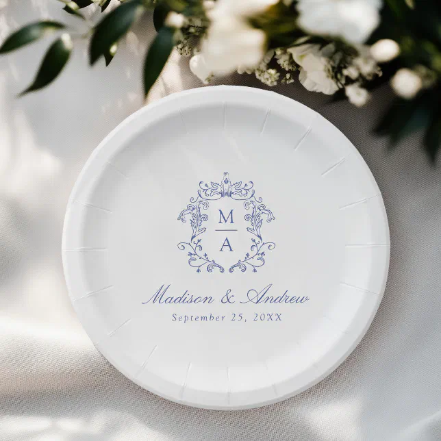 Elegant Blue Chinoiserie Monogram Crest Wedding Paper Plates | Zazzle