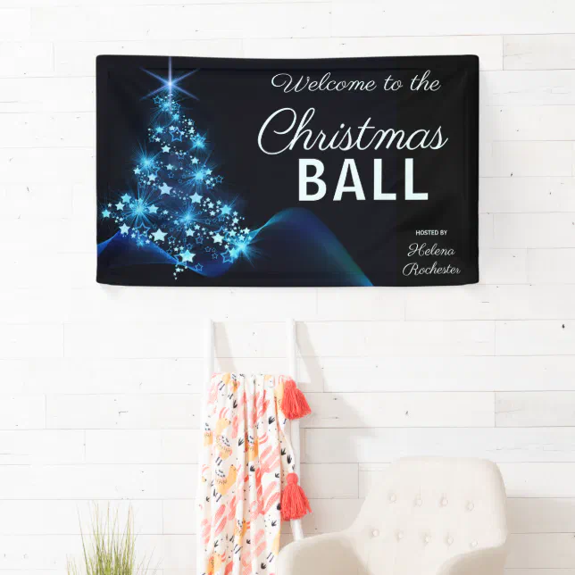 Elegant Blue Christmas Tree Holiday Party Welcome Banner | Zazzle