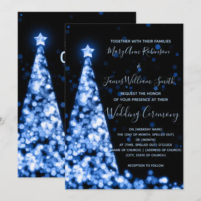 Elegant Blue Christmas Tree Holiday Wedding Invitation | Zazzle