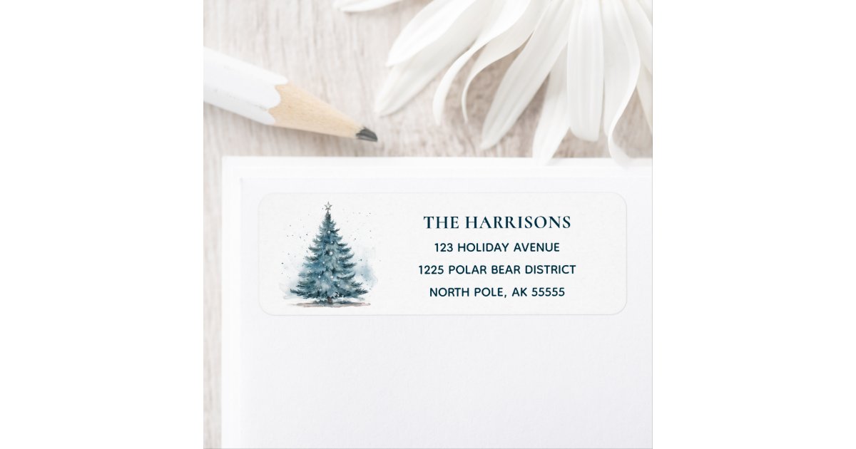 Elegant Blue Christmas Tree Return Address Label | Zazzle