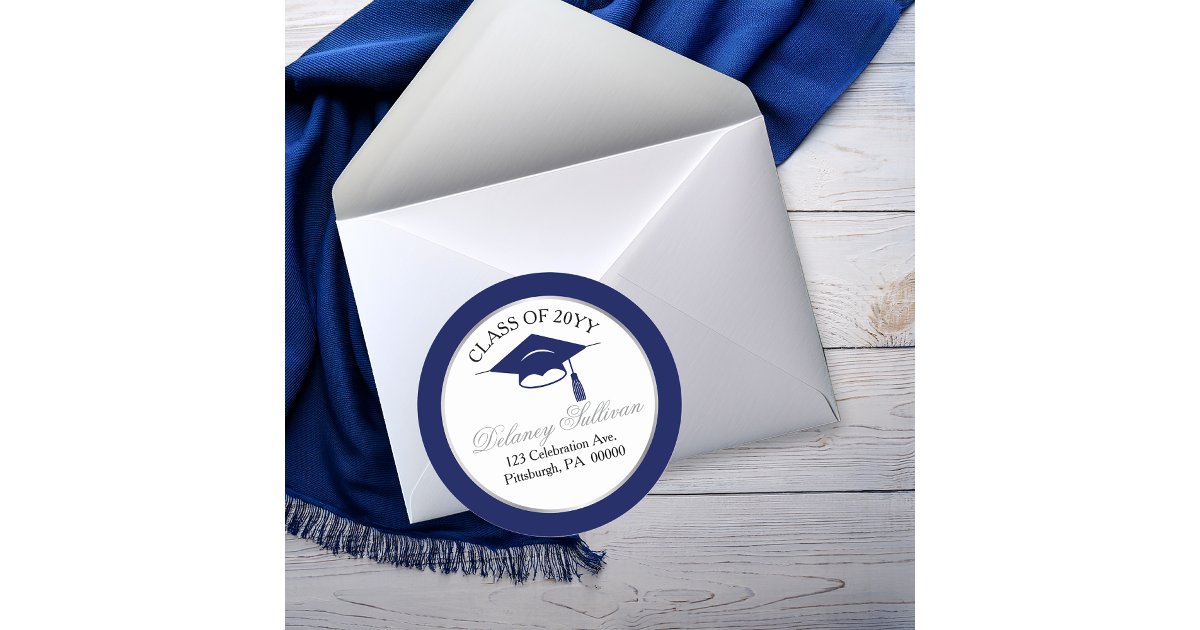 Elegant Blue College Graduation Return Address Classic Round Sticker ...