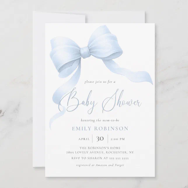 Elegant Blue Coquette Bow Boy Baby Shower Invitation | Zazzle