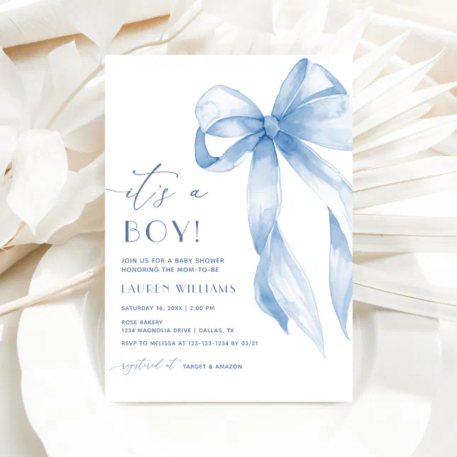 Elegant Blue Coquette Bow Its A Boy Baby Shower Invitation | Zazzle
